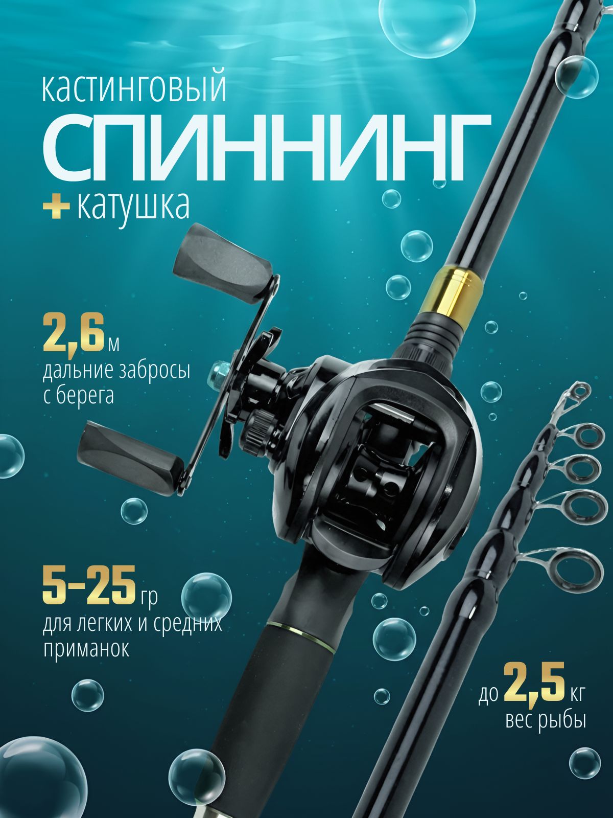 Спиннинг для рыбалки телескопический 2,6 м c мультипликаторной катушкой под левую руку