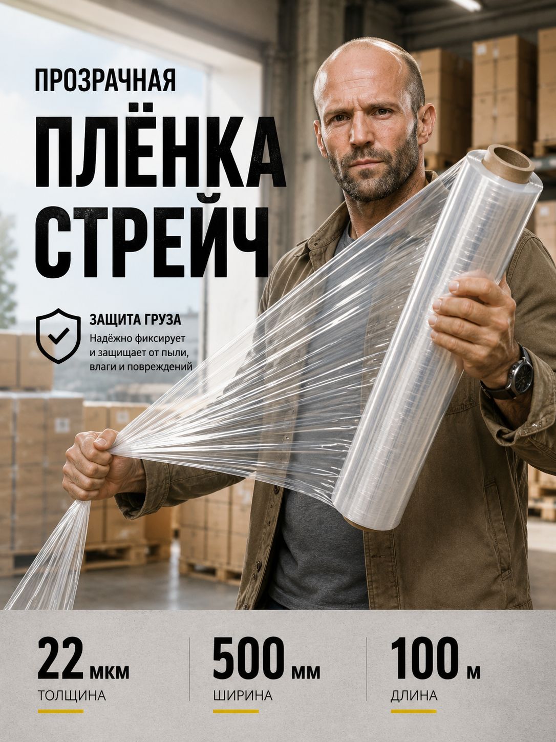 Стрейч-плёнка упаковочная, защитная прозрачная 100 метров, 500 мм, 22 мкм.