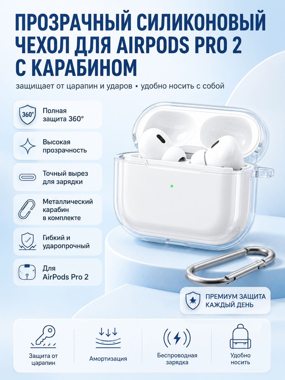 Чехол для наушников Airpods Pro 2 силиконовый / с карабином / прозрачный / чехол на аирподс про 2