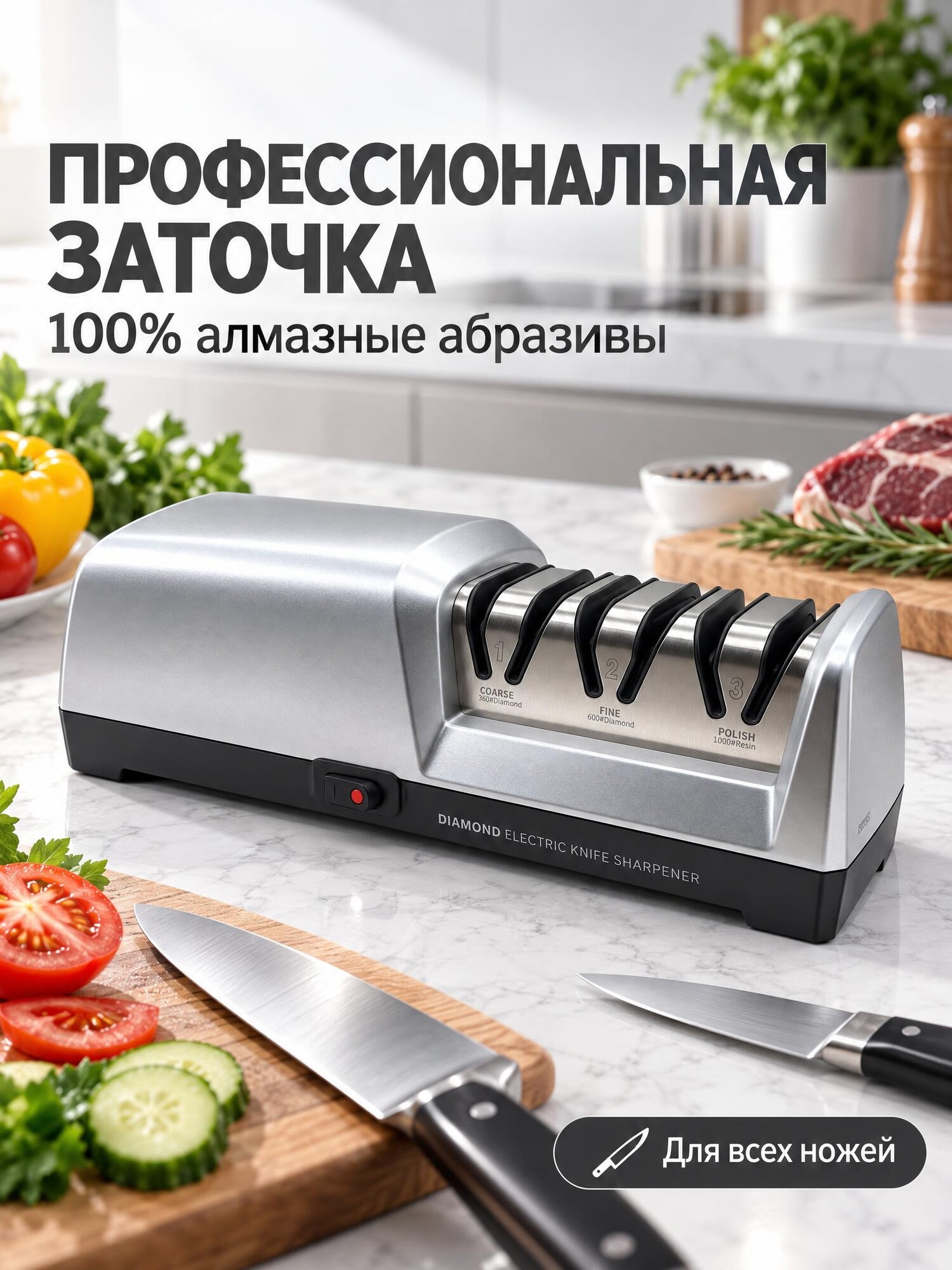 Электрическая точилка， для ножей со 100-процентным содержанием алмазных абразивов, 3-ступенчатая