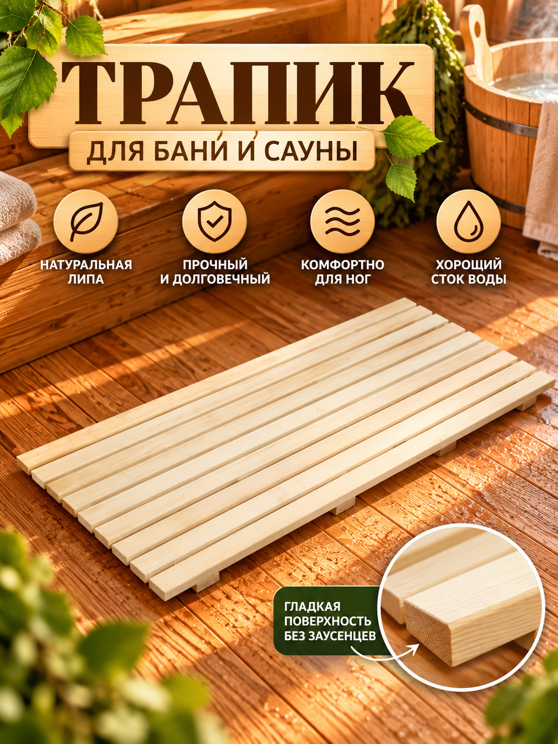Трапик для бани и сауны, 100×50 см, из натурального дерева, 3.4 кг