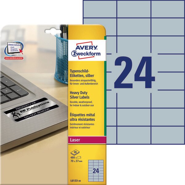 Серебристые полиэстерные этикетки Avery Zweckform [L6133-20] (70x37 мм, 480 шт, 20 листов)