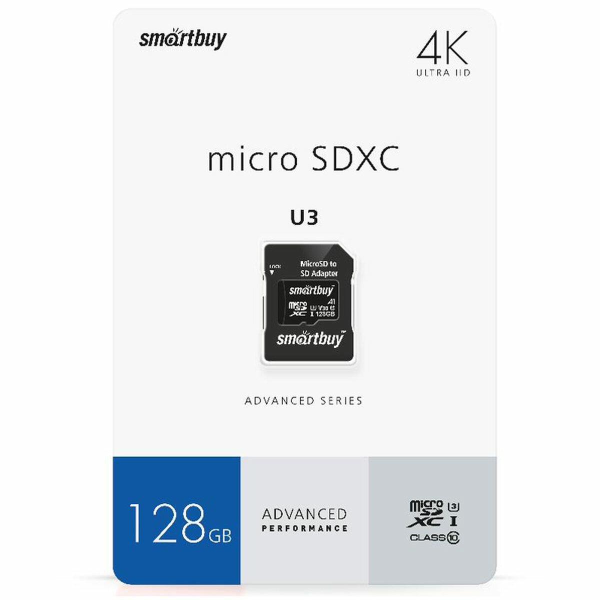 Карта памяти SmartBuy MicroSDXC 128GB PRO U3 Advanced, Class 10, скорость чтения 90Мб/с (SB128GBSDU1A-AD)