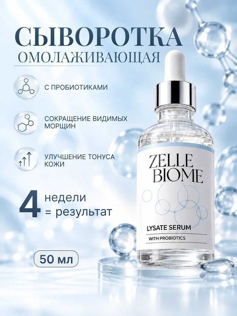 Омолаживающая сыворотка для лица ZELLEBIOME, с лизатами, пептидами, аминокислотами, 50мл