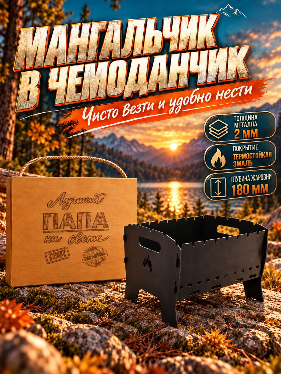 Мангал разборный, походный, подарочный в чемодане с гравировкой Лучший папа на свете , 39 30 30 см