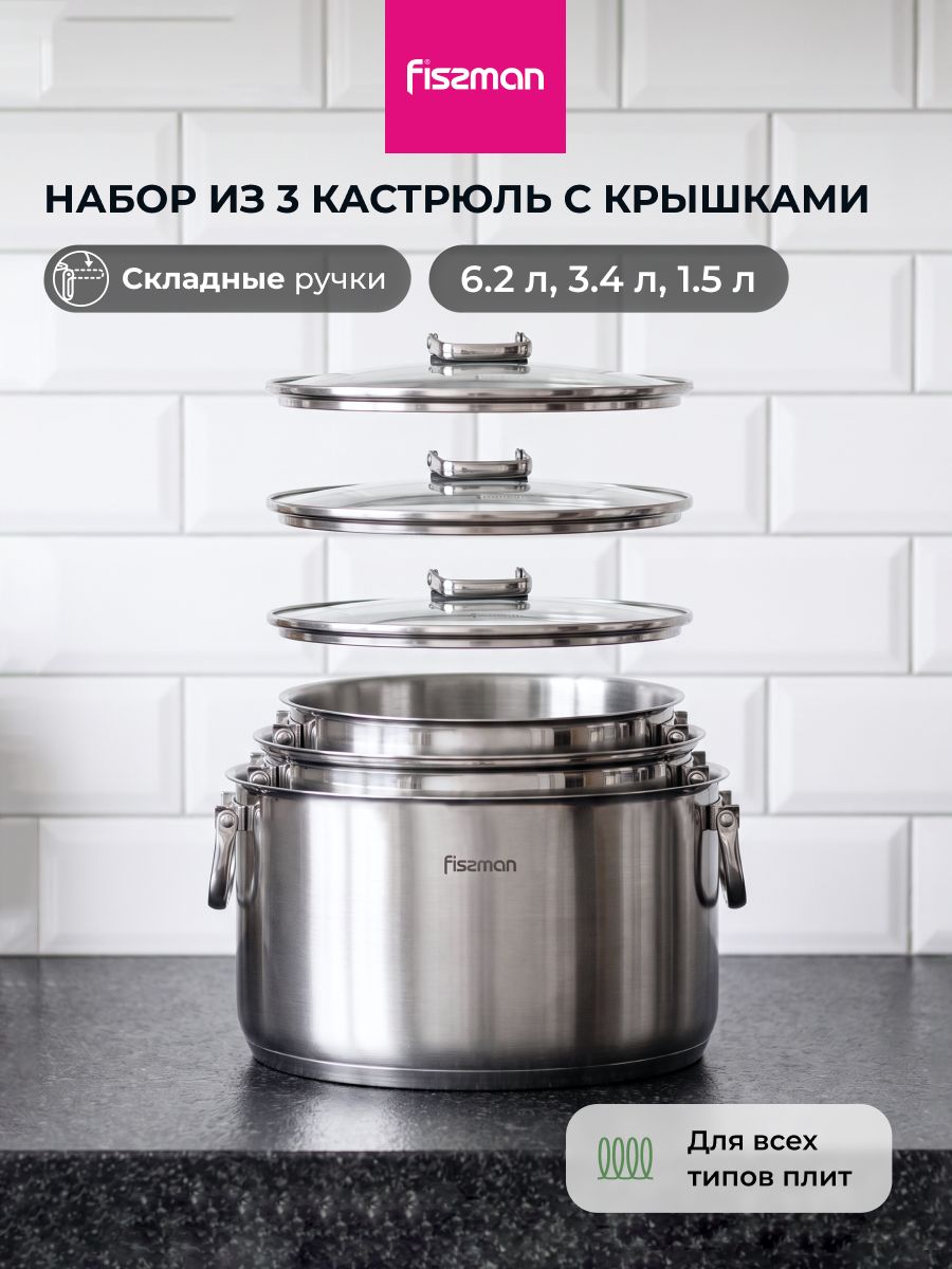 Набор из 3х кастрюль со складными ручками и крышками из нержавеющей стали FISSMAN Avelin, индукционные, ненагревающиеся ручки