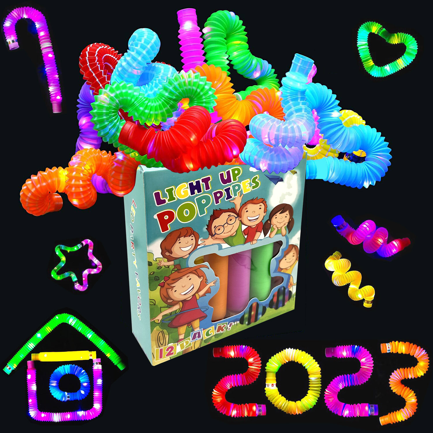 Набор из 12 неоновых трубок Pop Tube, светящиеся игрушки для снятия стресса, растягивающиеся светящиеся трубки,