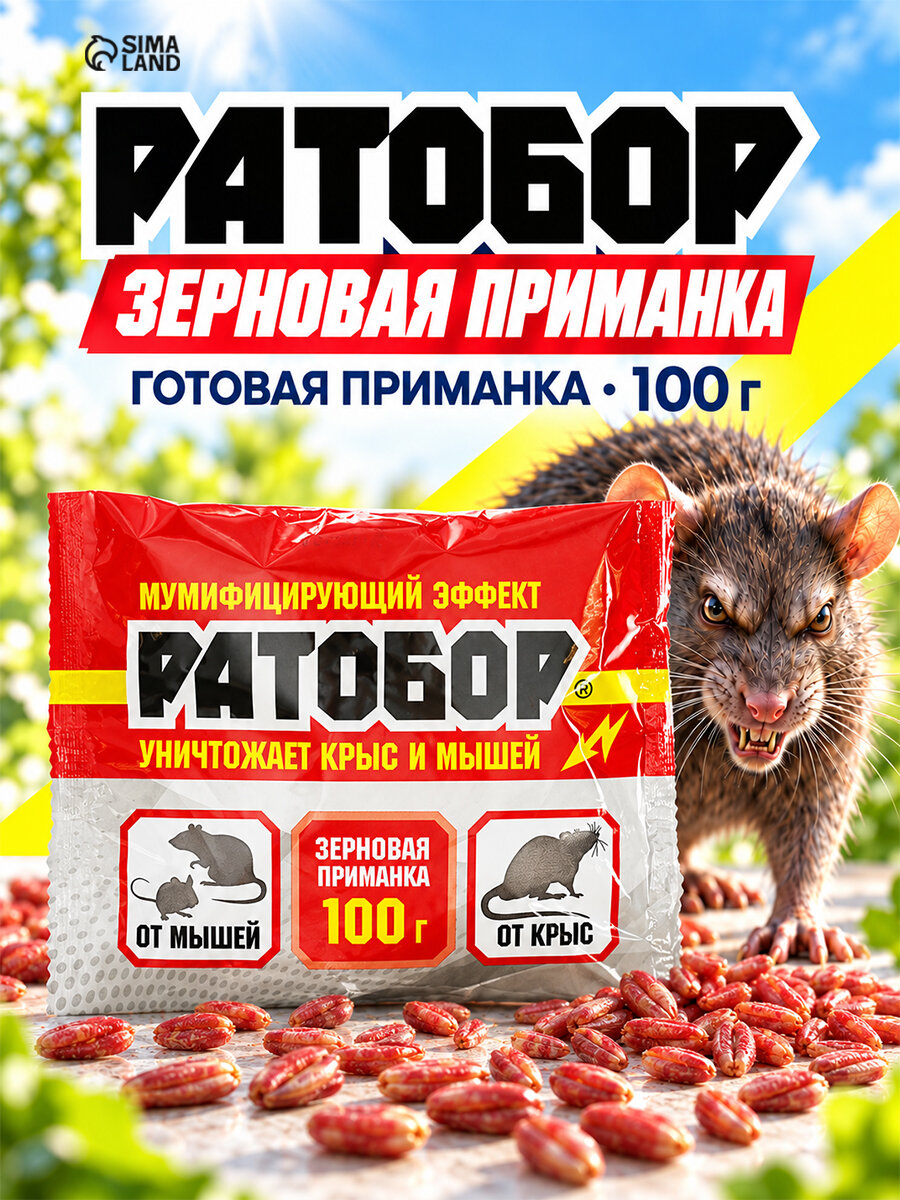 Зерновая приманка "Ратобор", для грызунов, мумифицирует, от крыс и мышей, 100 г