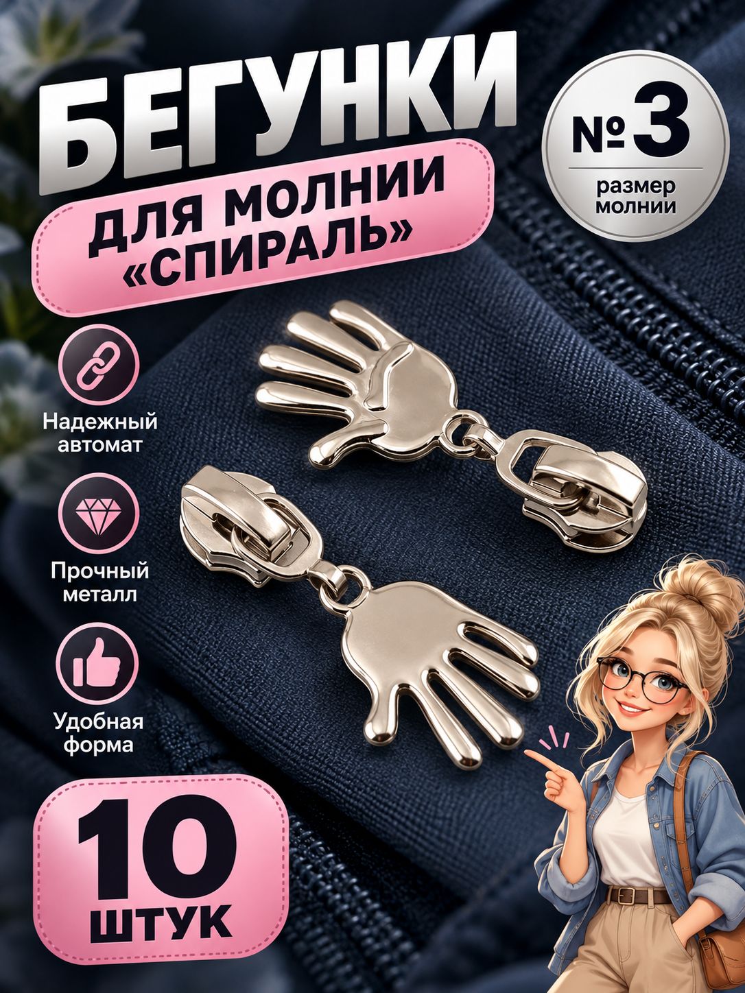 Набор бегунков для молнии Спираль, №3, Ладонь, 10 шт, никель