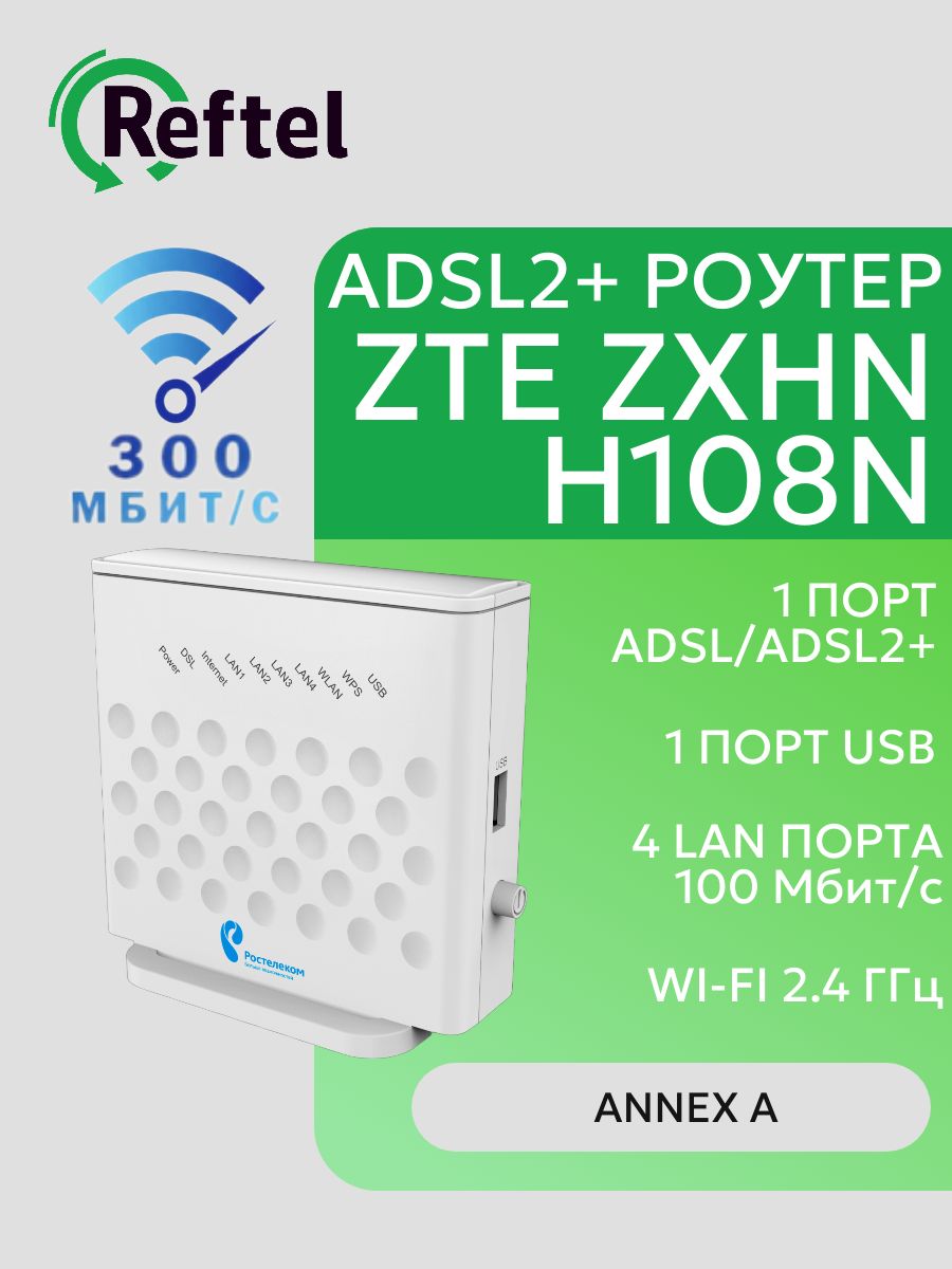 ADSL2+ (Annex A) модем Wi-Fi роутер ZTE ZXHN H108N