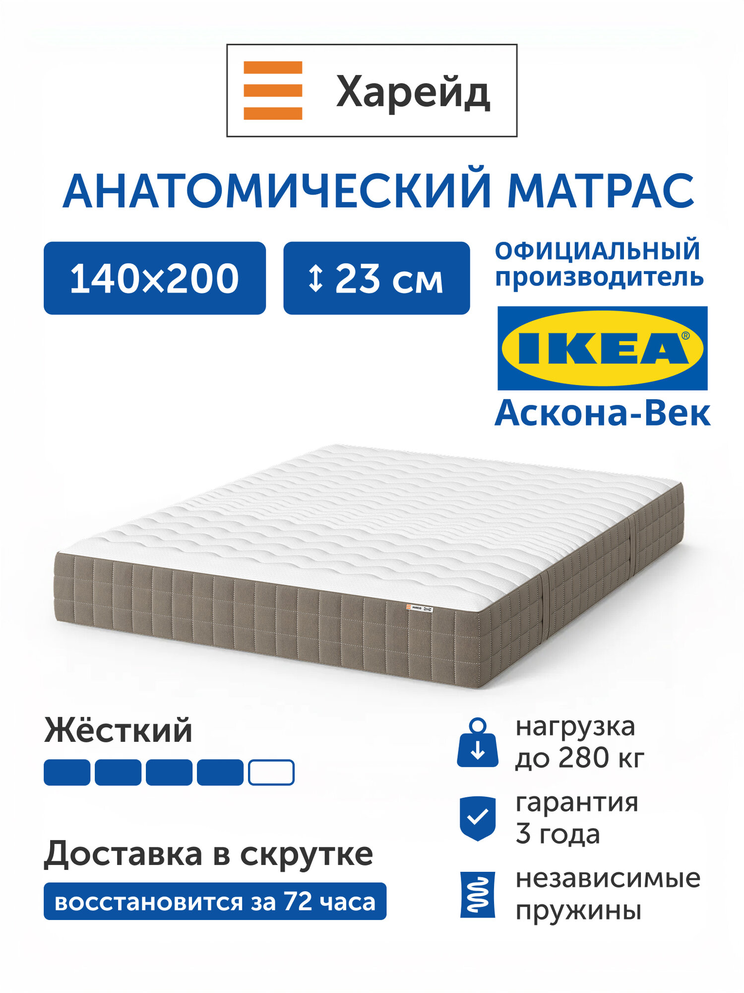 Ортопедический матрас IKEA/Икеа Харейд, независимые пружины, 140х200 см