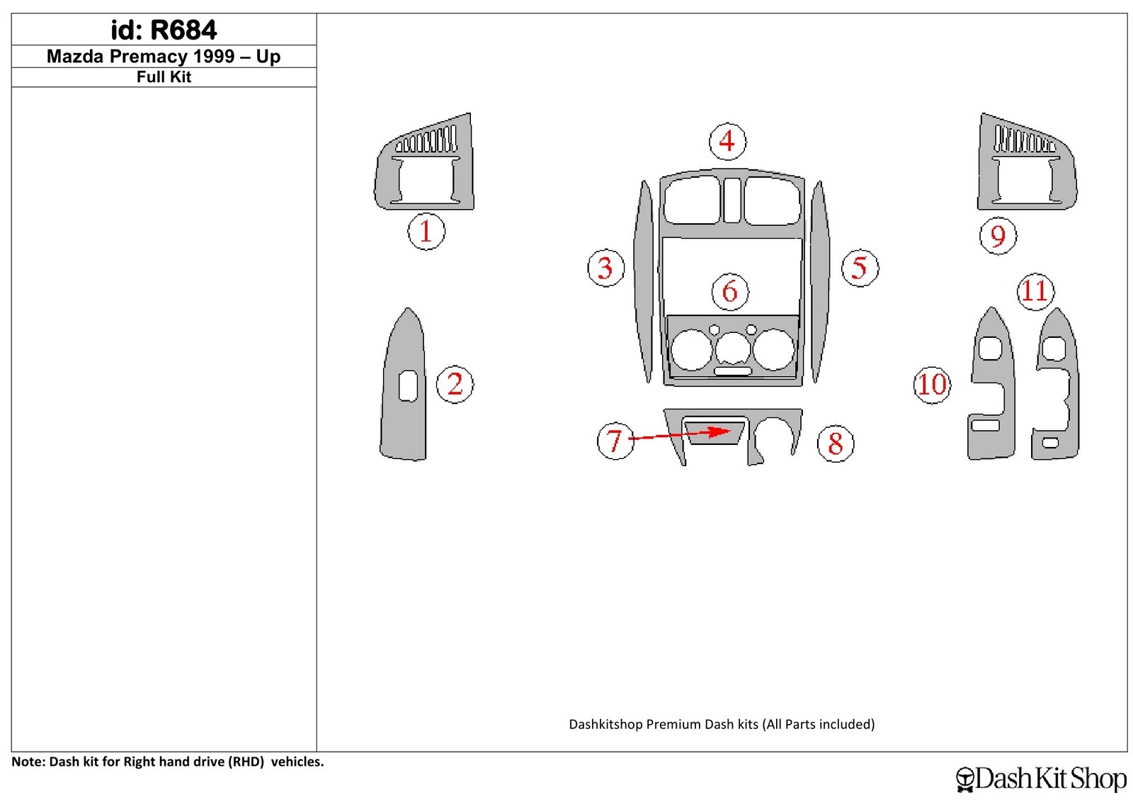 Декоративные накладки салона для Mazda Premacy 1999-UP. Комплект R684.