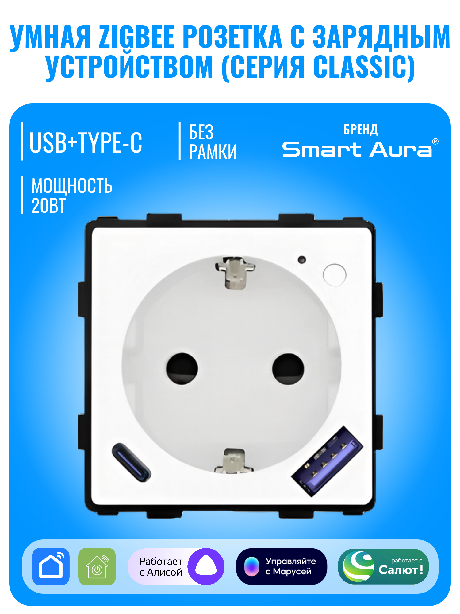 Умная ZigBee розетка с зарядным устройством USB и Type-C Smart Aura серия Classic без рамки
