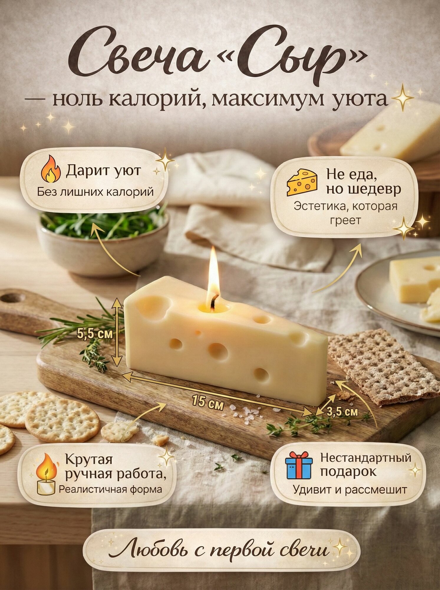 Декоративная свеча сыр "Sapori d'Arte" 15 см*5,5 см*3,5 см / цвет желтый, 1 шт