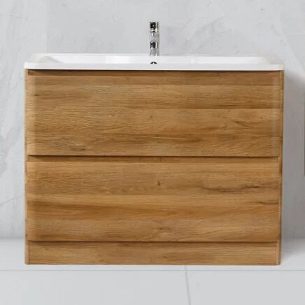 Тумба с раковиной BelBagno Albano 100 напольная, 100 см, светлое дерево, матовая, из МДФ, с ящиками, раковина для ванной из искусственного мрамора, прям