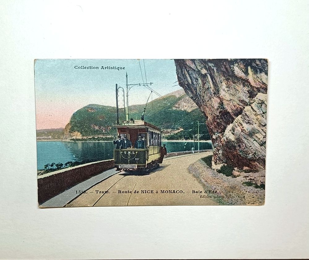 Антикварная открытка Трамвай на маршруте Ницца Монако. Залив Эз (Tram. Route de Nice Monaco. Baie d Eze). 14 9cv