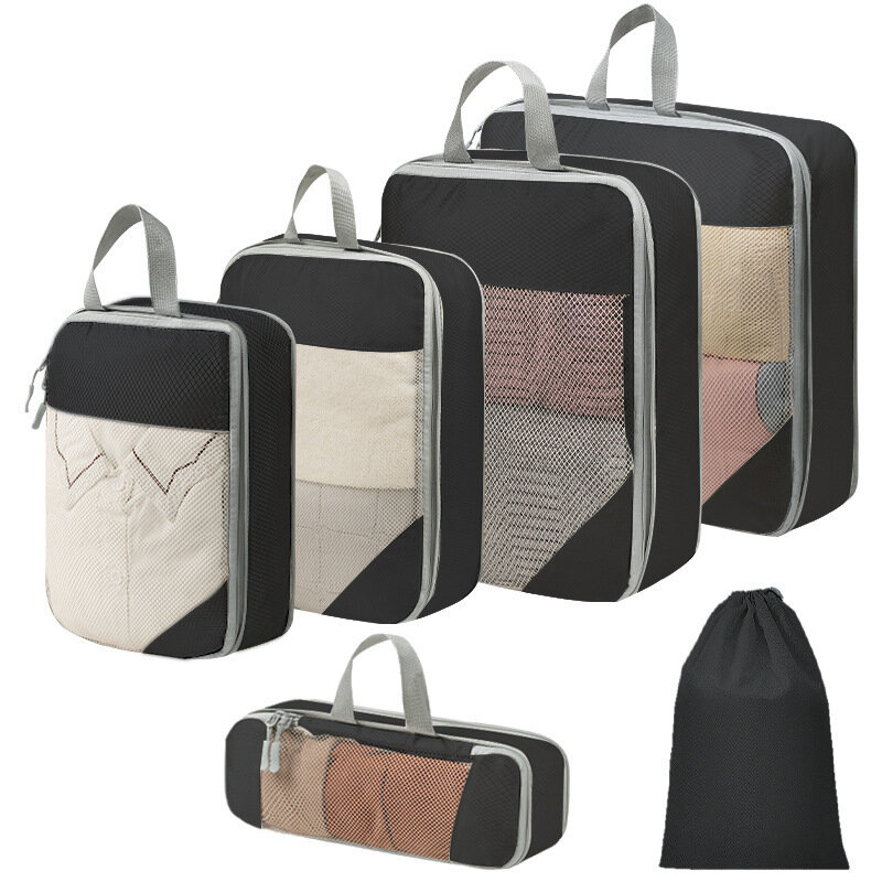 Набор Packing Cube с компрессией 6 шт, мешок на шнурке, косметичка, органайзер для гаджетов, сетчатые мешки, черный