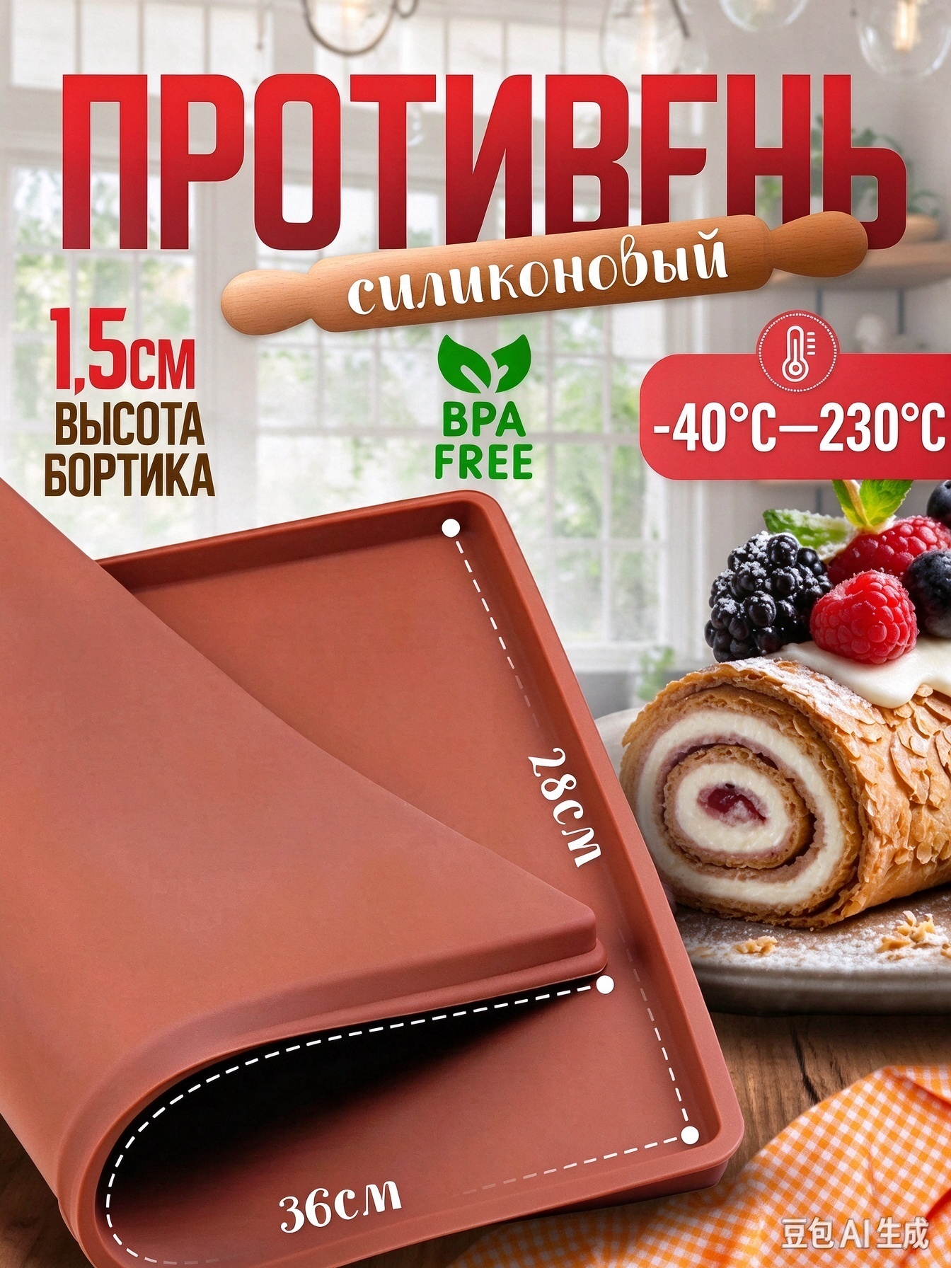 Силиконовый противень для бисквитного рулета, антипригарный коврик для выпечки 36х28 см