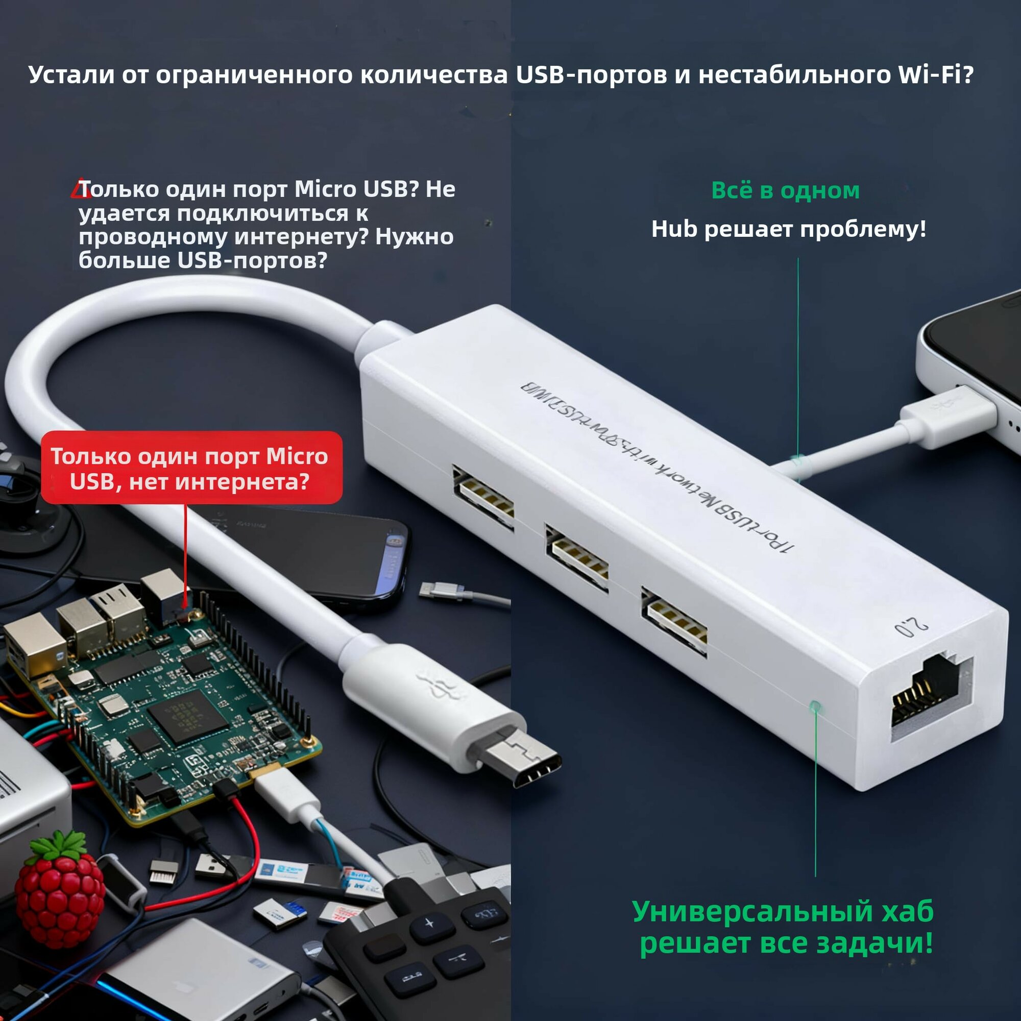 Многопортовый адаптер-хаб Micro USB OTG с сетевым разъемом Ethernet и тремя портами USB 2.0