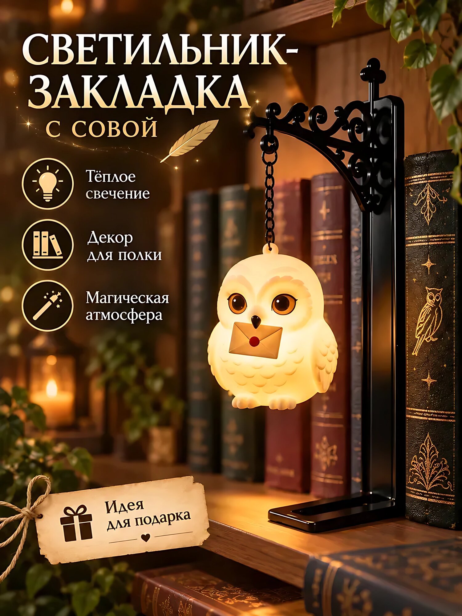 Светильник-закладка Harry Potter Сова с тёплой подсветкой для книжной полки, коричневый
