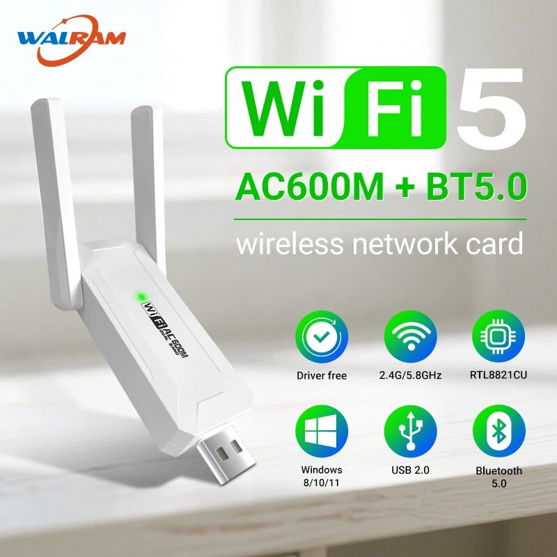 WALRAM USB WiFi 5 адаптер AC600 сетевая карта 2,4 и 5,8 ГГц беспроводной бесплатный драйвер приемник Wi-Fi двухдиапазонный адаптер для ноутбука Win 7/10