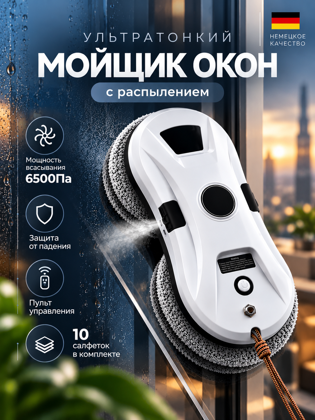 Робот мойщик окон, с распылением мощный 6500Па для дома и высоких окон, белый
