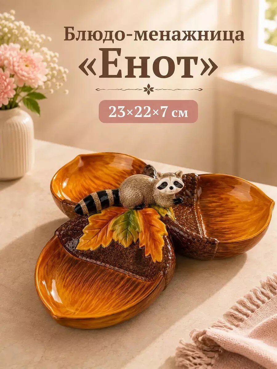 Блюдо-менажница 3 секции 23,5х22х7 см "Енот", керамика, Elan Gallery