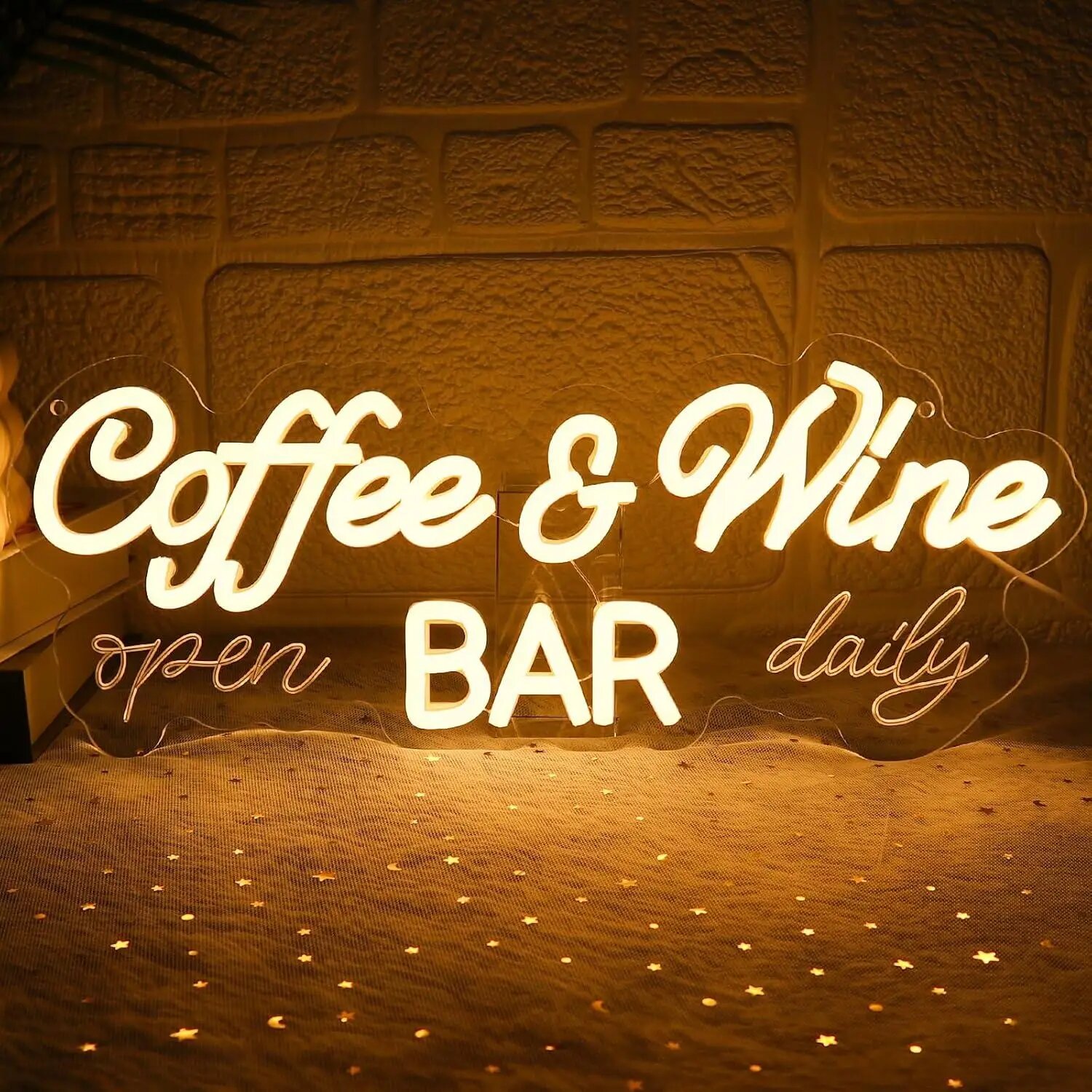 Неоновая вывеска надпись Coffee & Wine BAR open daily, LED неон лампа настенная теплый желтый свет, световая надпись для декора бара, кафе, домашнего бара и фотозоны, подарок на новоселье