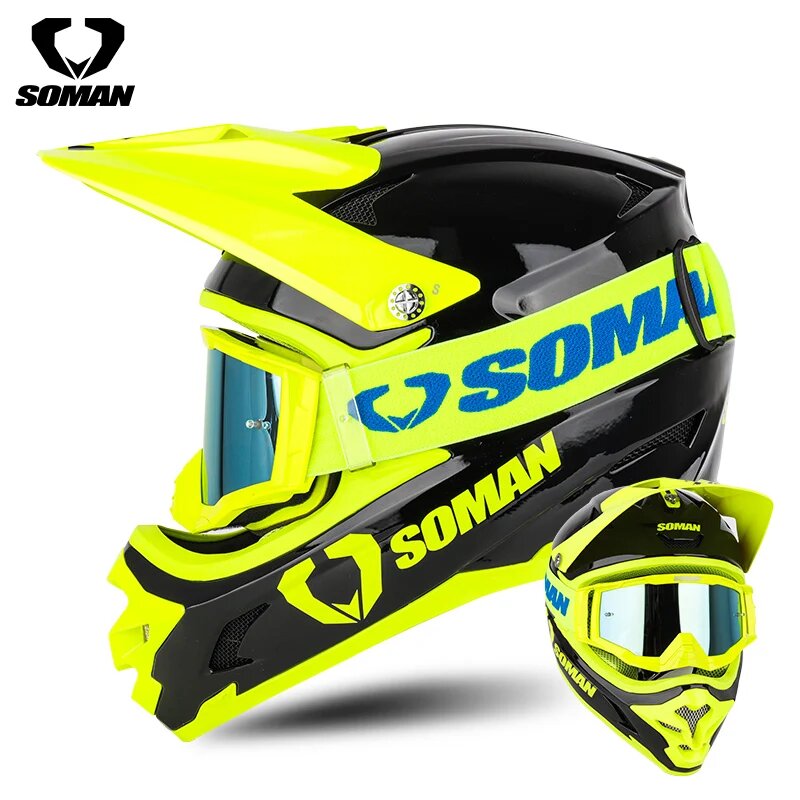 Мужские шлемы для мотокросса Soman с очками Cascos Para Moto для Зеленый, XL, Helmet with goggles