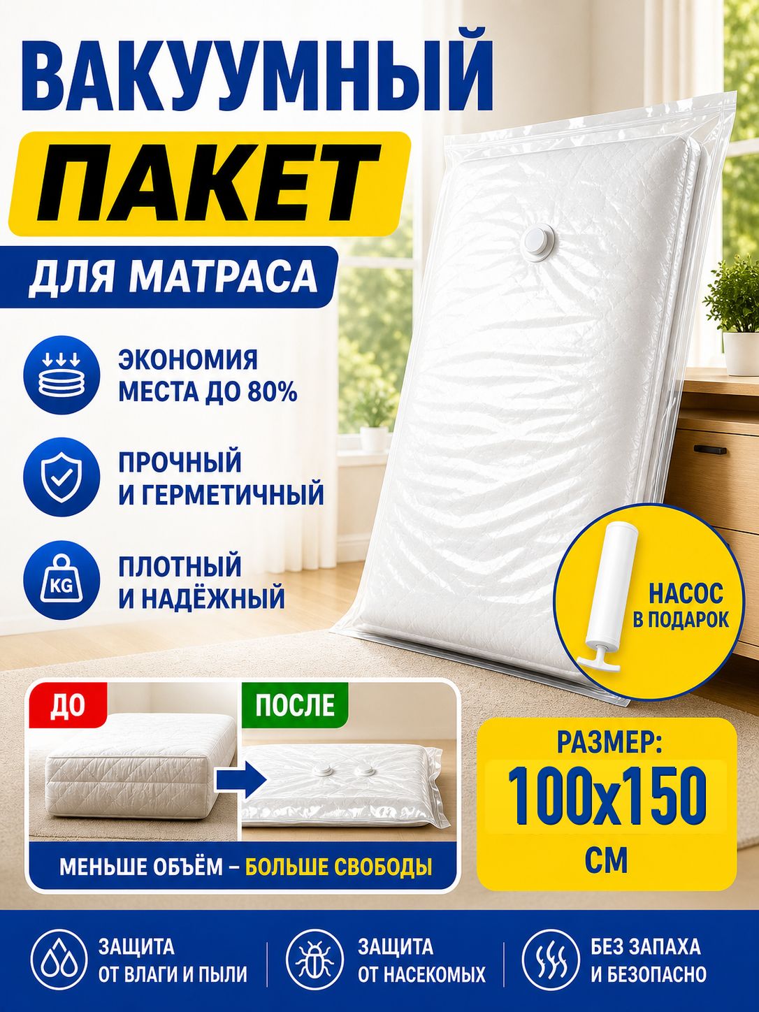 Вакуумный компрессионный мешок для хранения матрасов, 100х150 см, прозрачный, многоразовый пакет