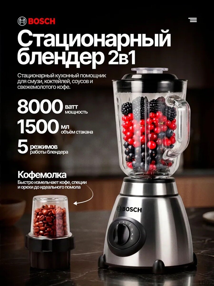 Стационарный блендер, черный, 1.5 л, 2 насадки, 20000 об/мин