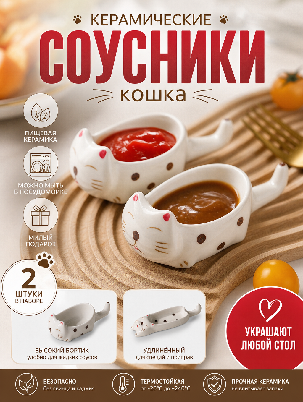 Кот-диски для соуса，пиала для соуса, набор соусниц 2 шт, милая посуда，Керамика