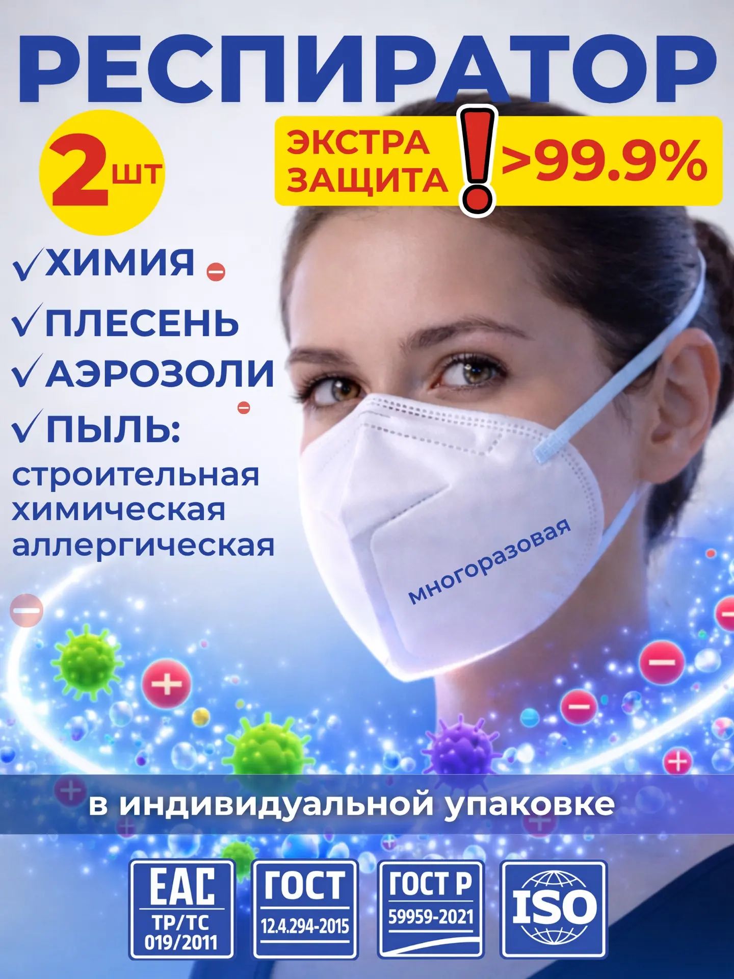 Респиратор профессиональный FFP3 >99% от пыли, химии, для покраски, строительный, многоразовый, FFP3, 2 шт.