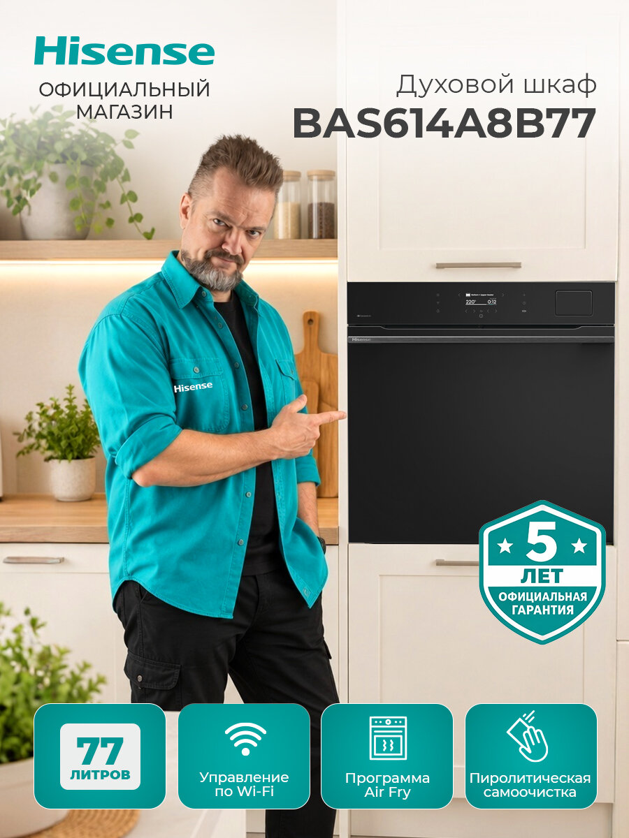 Духовой электрический шкаф Hisense BAS614A8B,77 л, приготовление с паром, сенсорная цветная панель управления, Wi-Fi, термощуп