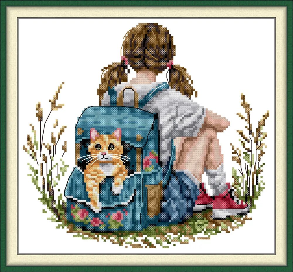 NKFвышивка крестом наборы, Схема на 11CT "Девочка и котенок",36*34CM