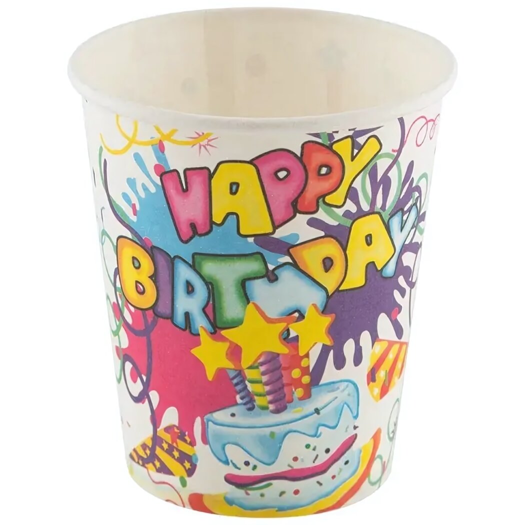 Стаканы бумажные "Happy Birthday" одноразовые для дня рождения, набор 6 шт, яркий принт