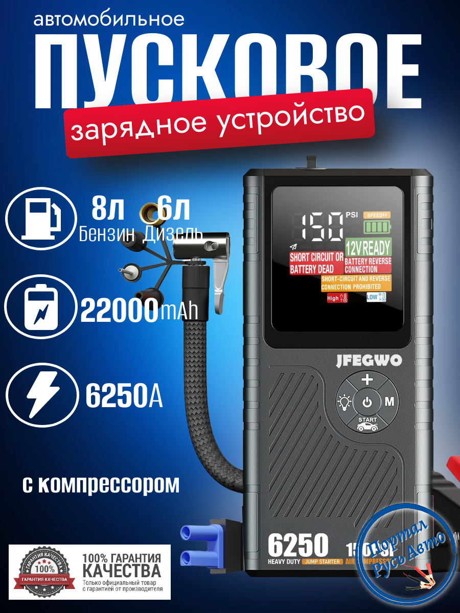 Автомобильное пусковое портативное устройство бустер JF.EGWO 22000mAh 12в 6250A 44.4Wh с компрессором