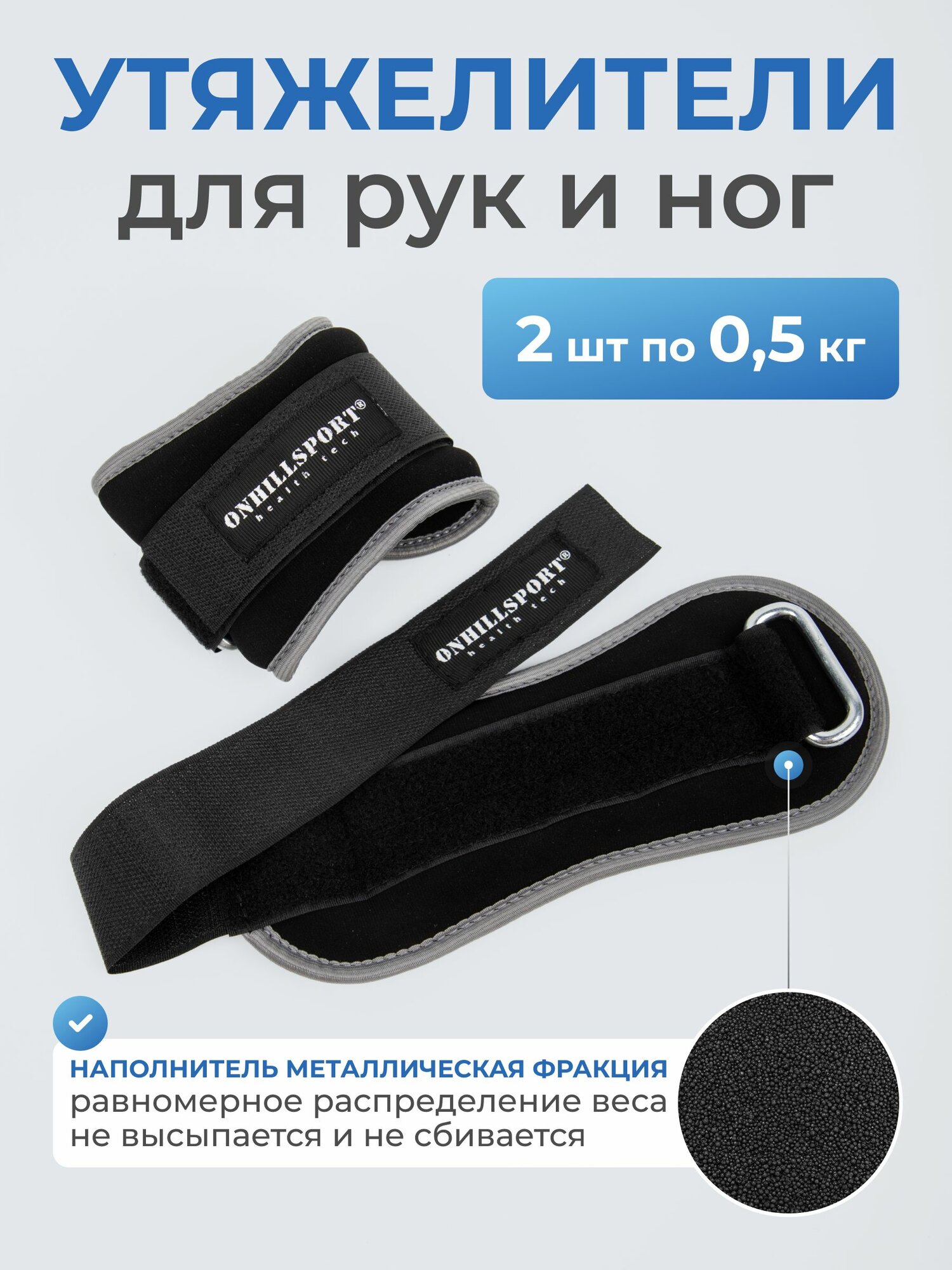 Утяжелители неопреновые для ног и рук 2 шт по 0,5 кг, с металлической дробью, черные ONHILLSPORT