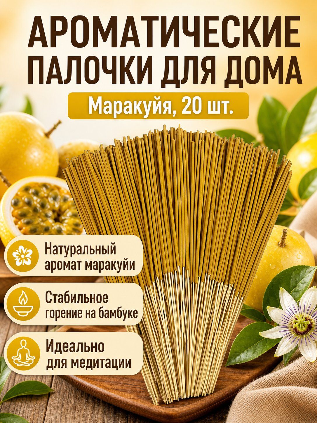 Палочки для благовоний 20 шт: маракуйя, ароматические, на бамбуковой основе, для медитации и дома