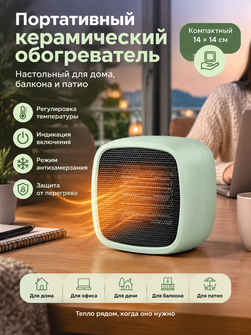 Портативный керамический мини-обогреватель настольный для дома, балкона и патио, 14 см