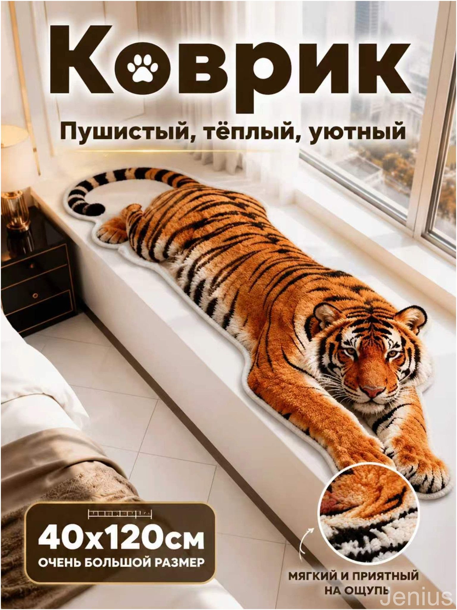 Коврик прикроватный 40x120 см 40 мм животные светло-коричневый