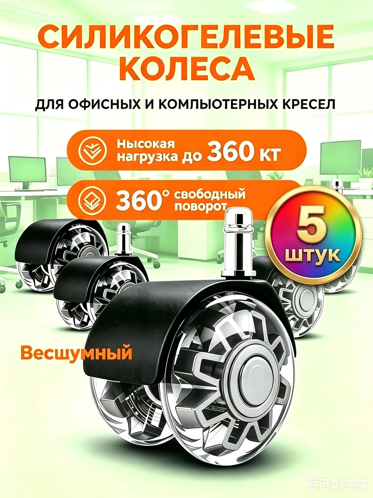 Силикогелевые бесшумные колеса для офисного и игрового кресла, до 300 кг, 5 шт, диаметр 50 мм, штифт 11х22 мм