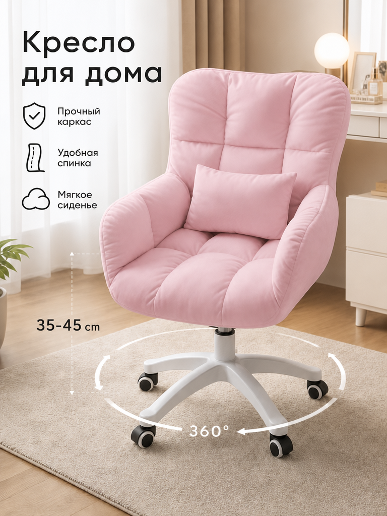Уютное кресло для макияжа из велюра на колёсиках, цвет розовый, с подушкой