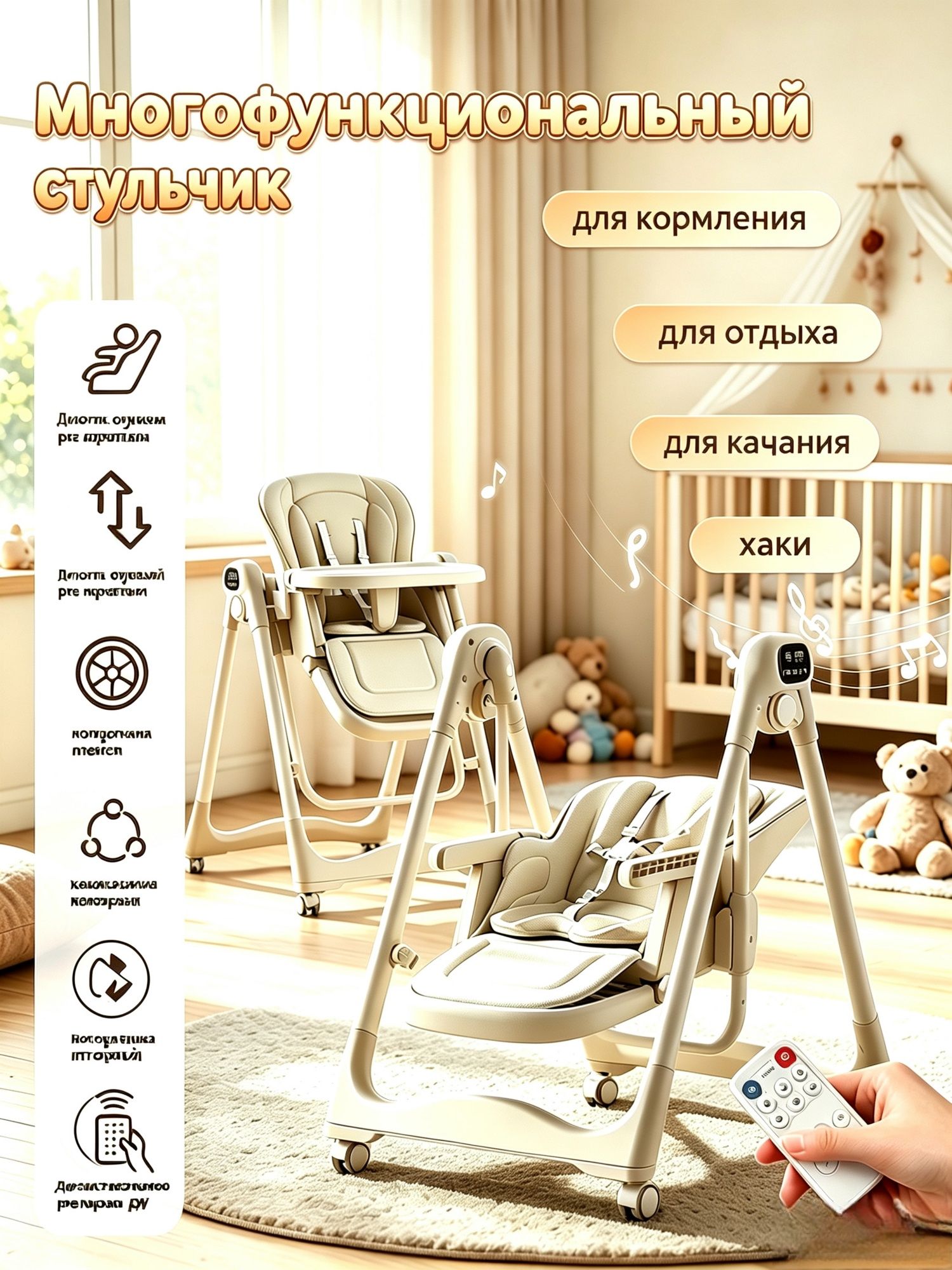 Детский стульчиккачалка 5 в 1, стул для кормления малыша, качалка для новорожденного, цвет хаки