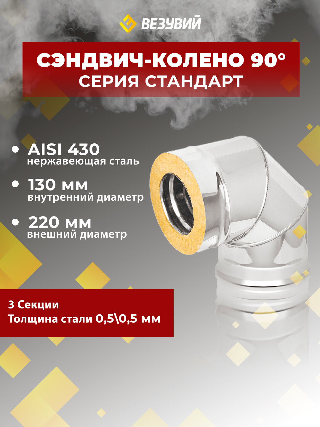 Везувий Сэндвич-колено для Дымохода Нерж+Нерж стандарт (AISI 430/0,5мм), 3 секции, угол 90*, д. 130х220мм