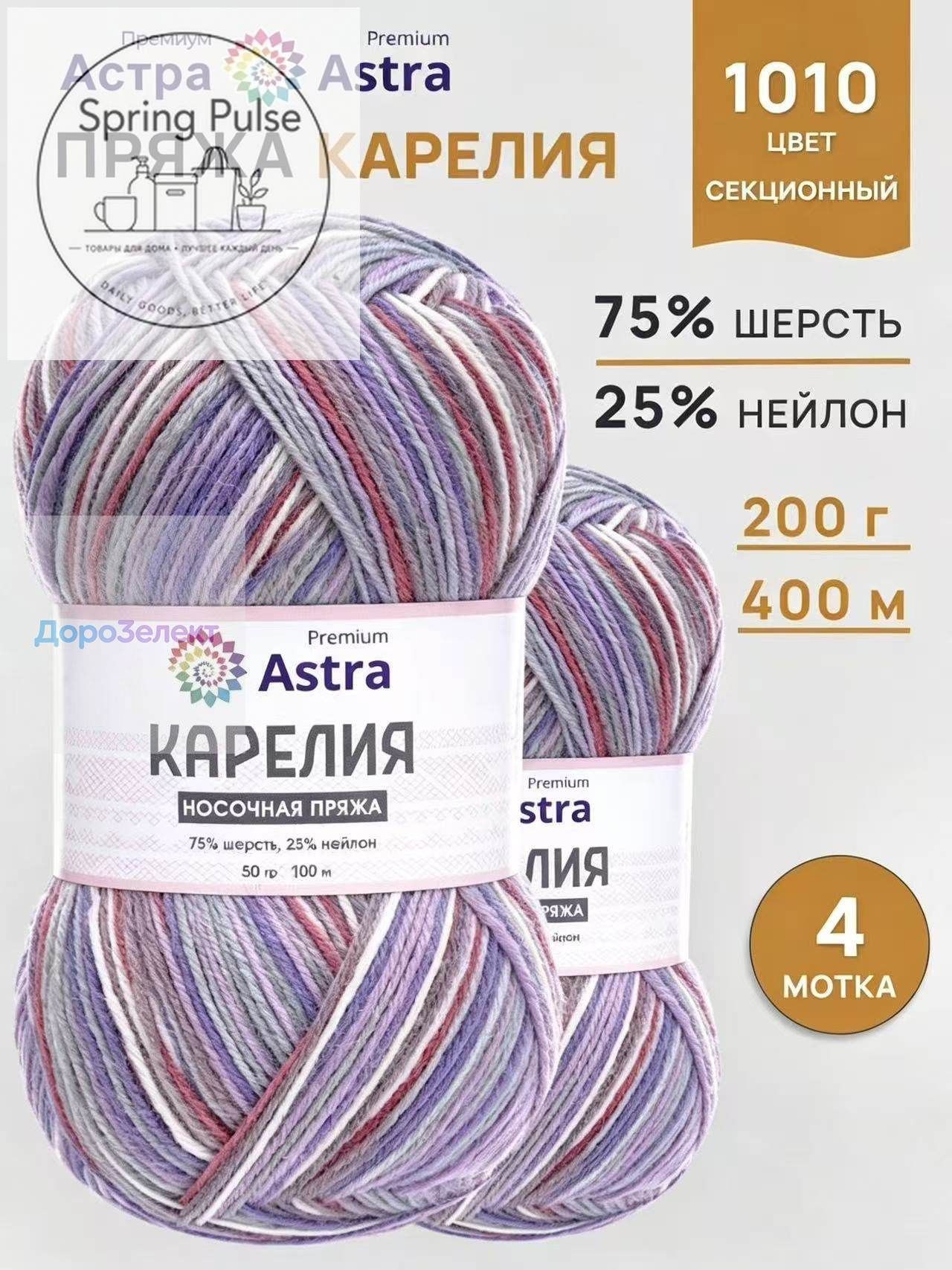 Пряжа Карелия Астра Премиум для носков 200г 400м, 4 мотка, цвет 1010