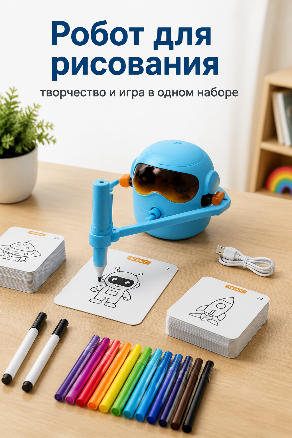 Набор для рисования с роботом и карточками, синий, 100 карточек, 12 маркеров