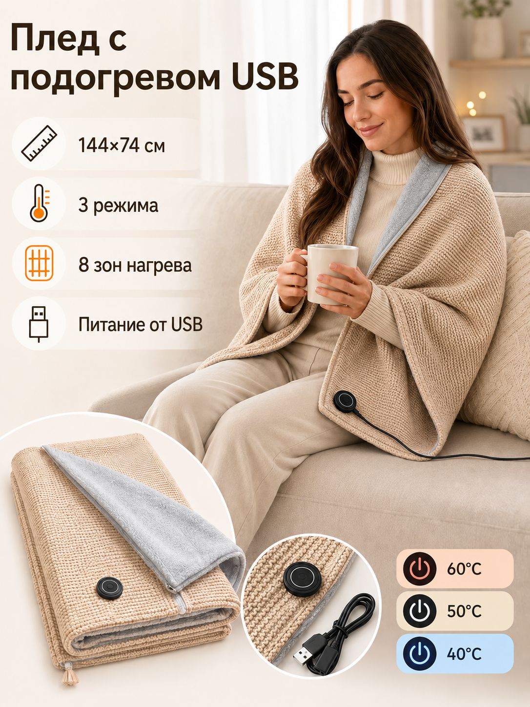 Электрическая пелерина с подогревом от USB, обогревающий плед для дома, офиса и поездок, размер 144×74 см