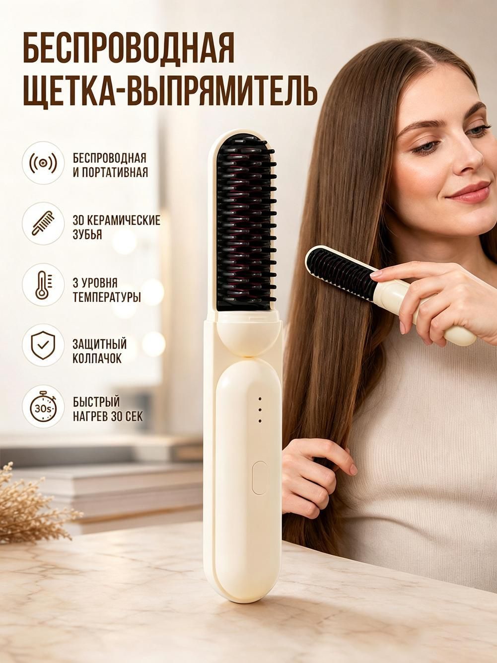 Беспроводной выпрямитель для волос, кремовый, 3 режима нагрева 140-200 C