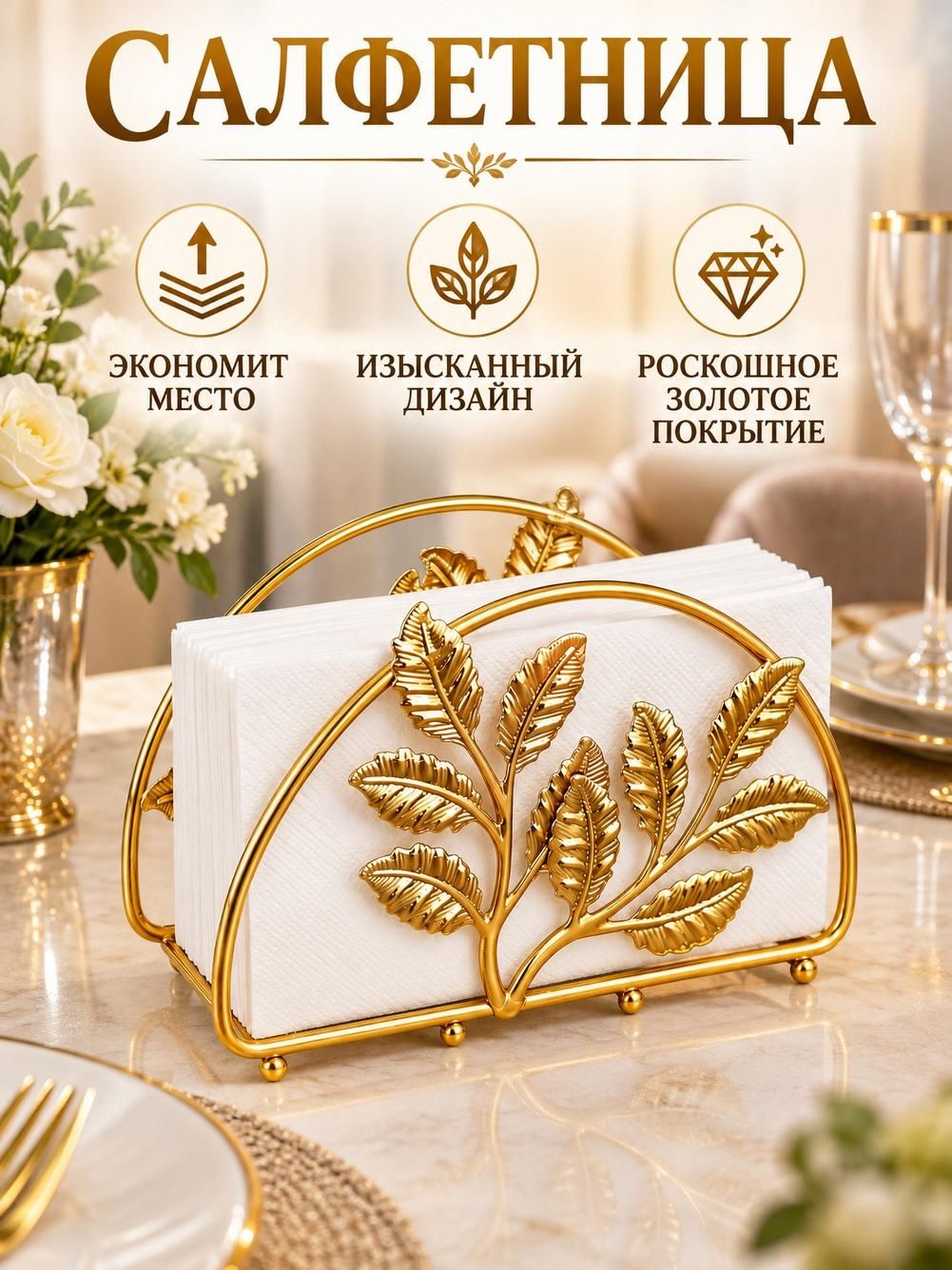 Салфетница с золотым покрытием, резная, для ресторана